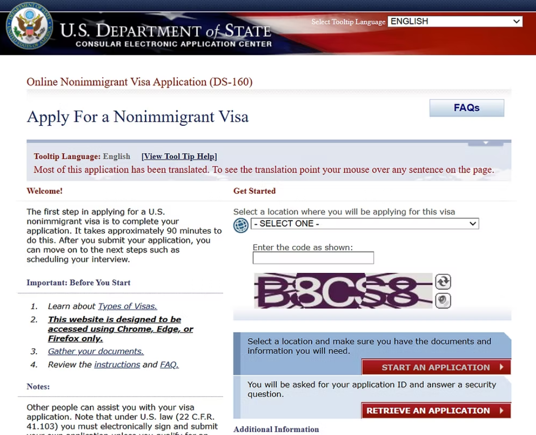 Sitio oficial del formulario DS-160 del Departamento de Estado de ...
